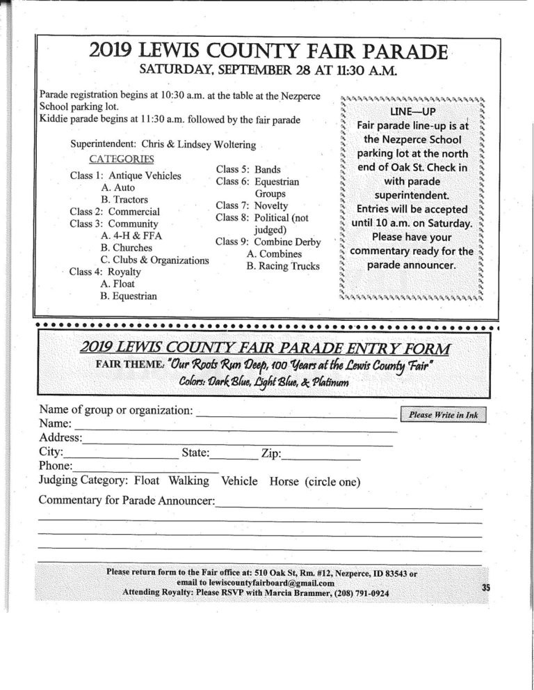Lewis County Fair Parade Entry Form – City of Nezperce,Idaho