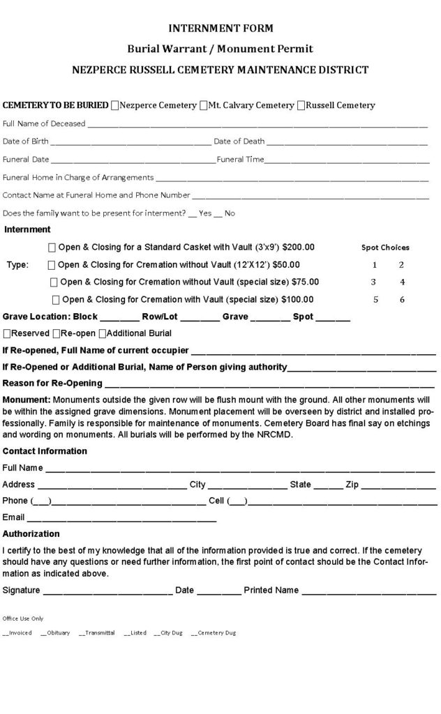 Internment Form – City of Nezperce,Idaho