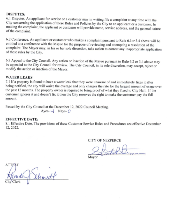 Utility Service Rules & Policies – Page 5 – City of Nezperce,Idaho