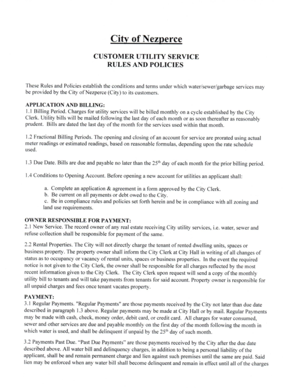 Utility Service Rules & Policies – City of Nezperce,Idaho